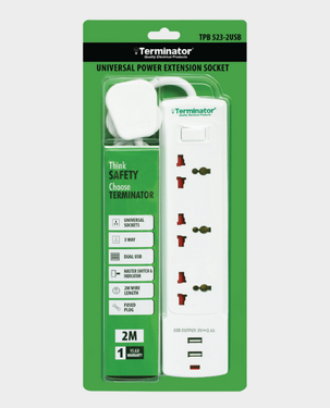 Buy Terminator 3 Way Universal Power Extension Socket with 2 USB in ...