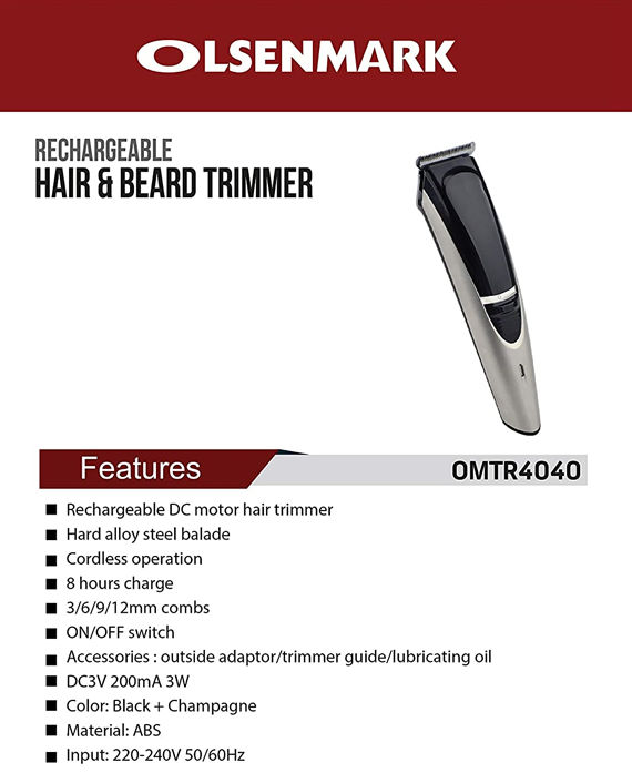 Buy Olsenmark OMTR4040 3W Rechargeable Hair and Beard Trimmer in Qatar ...