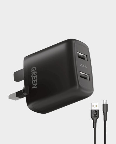 Buy Green Compact Dual USB Port Wall Charger 12W with PVC Micro USB ...